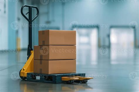 Warehouse Logistics Scene Featuring A Pallet Jack With Cardboard Boxes