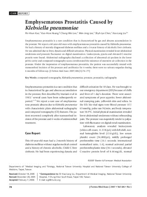 Pdf Emphysematous Prostatitis Caused By Klebsiella Pneumoniae
