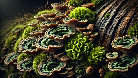Close Up Of Lush Green Moss And Layered Tree Fungi Showcasing A Vibrant