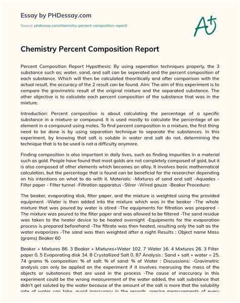Chemistry Percent Composition Report Essay Example 600 Words