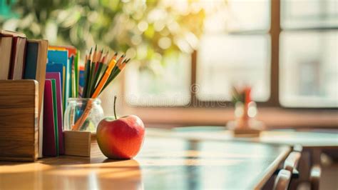 Close Up View Of Teacher Desk In Classroom Desktop Multiple School