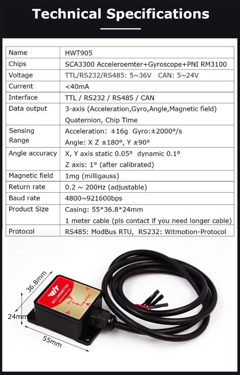 Hwt905 Rs232 High Precision Inclinometer 36v Acceleration And Tilt Angle Measurement 1 Meter Cable