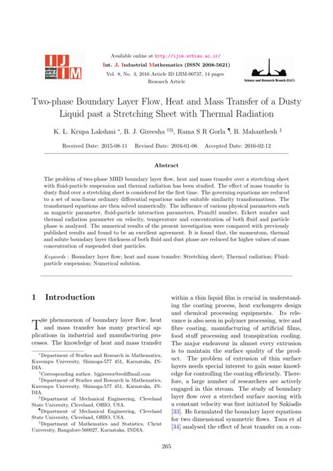 Pdf Two Phase Boundary Layer Flow Heat And Mass Transfer Of A Dusty