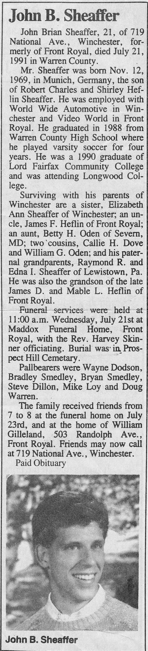 John Brian Sheaffer 1969 1991 Find A Grave Memorial