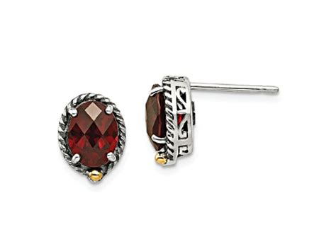 Sterling Silver Antiqued With 14k Accent Garnet Post Earrings 1412pa