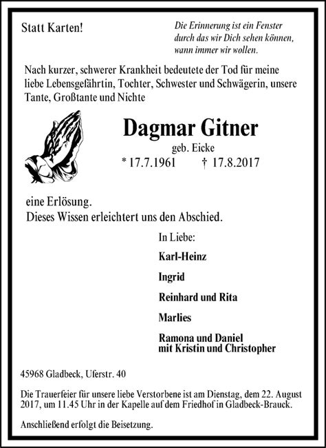Traueranzeigen Von Dagmar Gitner Trauer In Nrw De