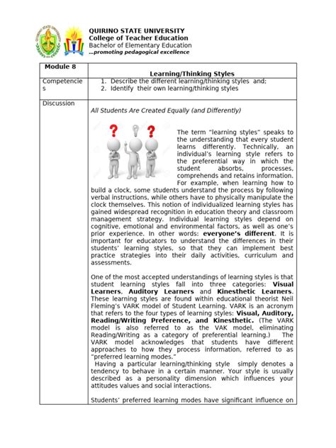 Module 8 Learningthinking Styles Pdf Learning Styles Learning