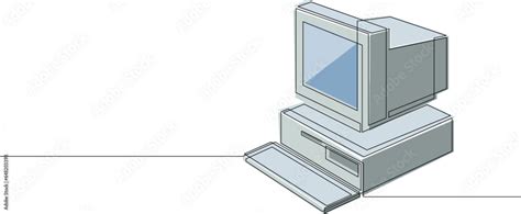 Retro Personal Computer Continuous One Line Drawing With Colours Vintage Cpu With Analog