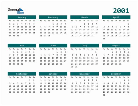 2001 Full Year Calendar With Monday Start