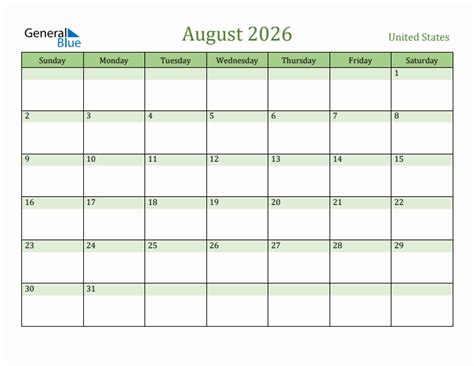 August 2026 United States Monthly Calendar With Holidays