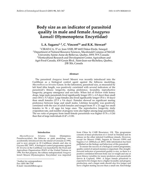 Pdf Body Size As An Indicator Of Parasitoid Quality In Male And