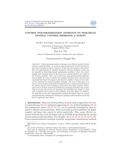Pdf Control Parameterization Approach To Time Delay Optimal Control Problems A Survey