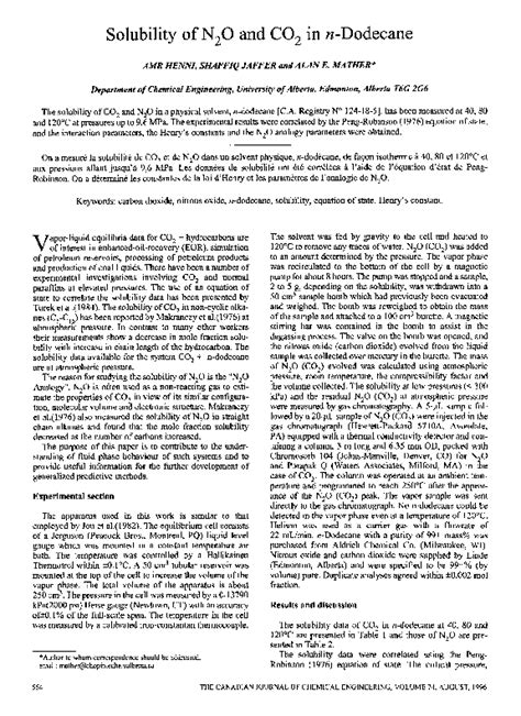 Pdf Solubility Of N 2 O And Co 2 In N Dodecane