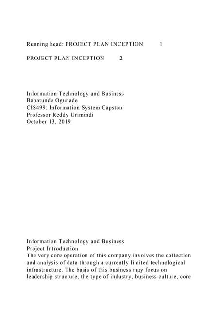 running head project plan inception1project plan inception docx