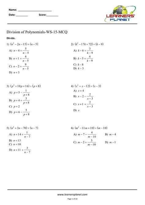 Division Of Polynomials Worksheet