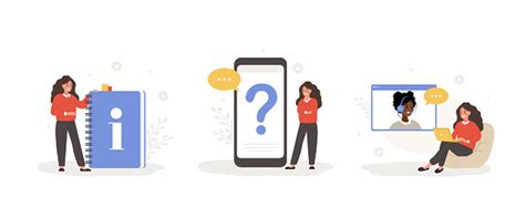 고객 지원 여성 캐릭터는 질문을 하고 답변을 얻고 사용 설명서를 읽습니다 Faq 개념 온라인 도움말 서비스 평면 만화 스타일의 벡터 일러스트 레이 션의 집합 개념에 대한