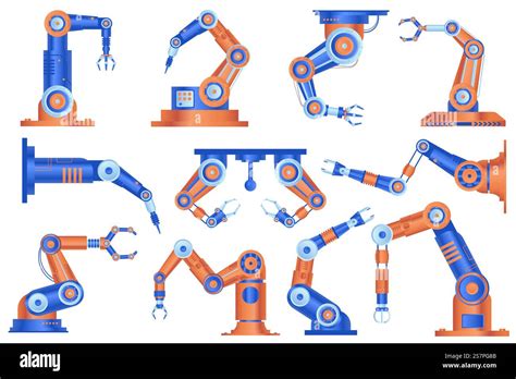 Industrial Robot Arms Set Graphic Elements In Flat Design Bundle Of