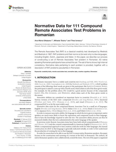 Pdf Normative Data For 111 Compound Remote Associates Test Problems In Romanian