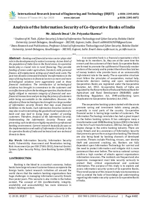 Pdf Irjet Analysis Of The Information Security Of Co Operative Banks Of India