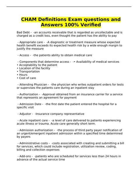 Cham Definitions Exam Questions And Answers 100 Verified Cham Definitions Stuvia Us