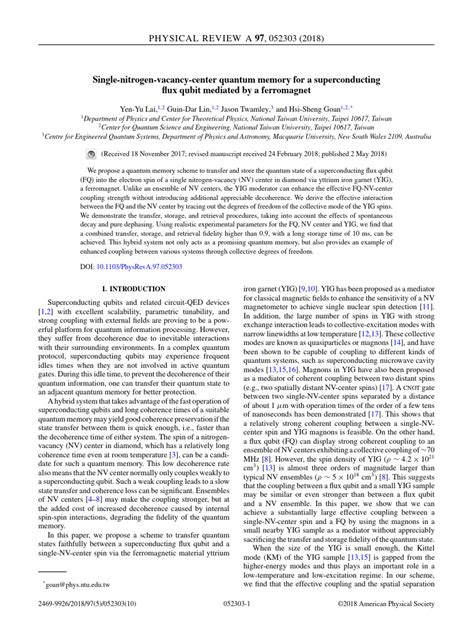 2018lai Single Nitrogen Vacancy Center Quantum Memory For A