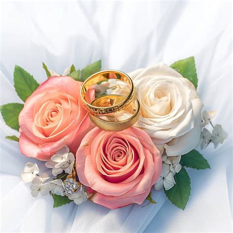Symbolic Love Golden Wedding Rings On White And Red Roses Stock