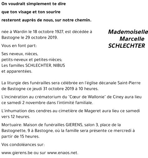 Avis De Décès De Marcelle Schlechter Décédé Le 29 10 2019 à Bastogne Annonce Condoléances