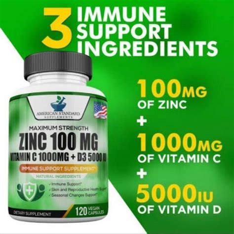 American Standard Supplement Zinc 100mg Vitamin C 1000mg Vitamin D3 5000 Iu 3 In 1 Imune Support