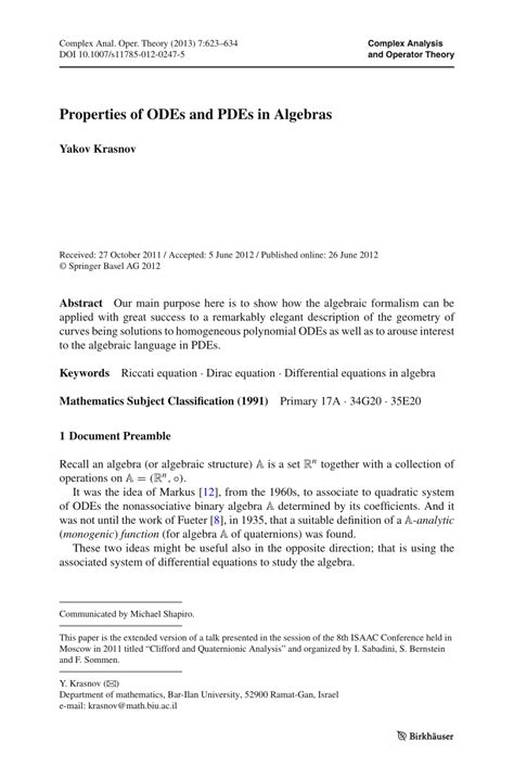 Pdf Properties Of Odes And Pdes In Algebras