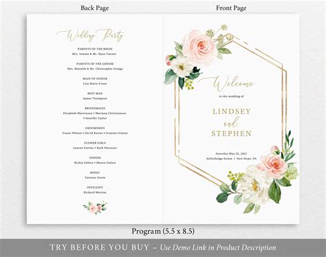 Wedding Program Template Folded Editable Instant Download Etsy