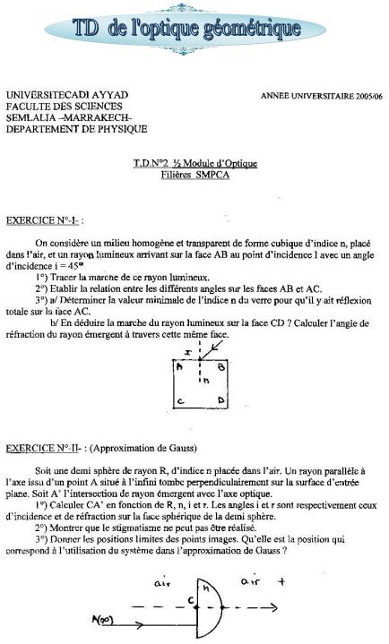 Exercices Corrigés Optique Géométrique Série N°2 Fssm 05 06 Exosup