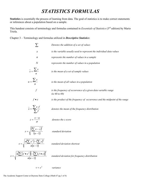 Statistics Formulas Daytona State College