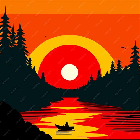 Vector Beautiful River Sunset Landscape With An Empty Boat In The River