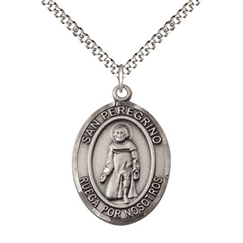 Pewter San Peregrino Medal Pendant On 18 Inch Rhodium Plated Lite Curb