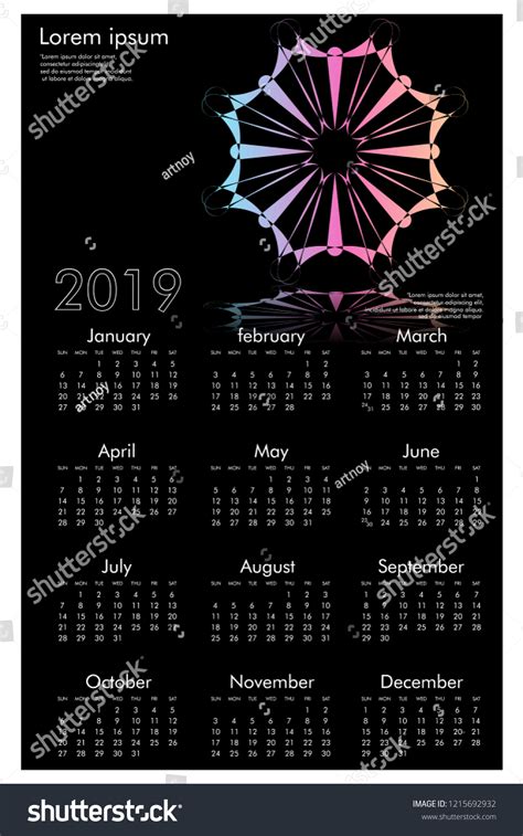 Calendar Design 2019 Simple Black Background Stock Vector Royalty Free