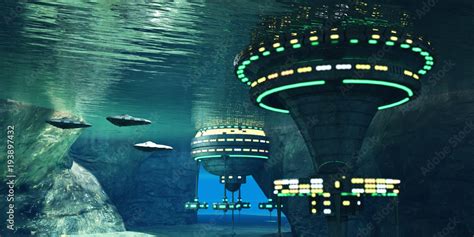 Underwater Alien Cave Several Spaceships Leave An Underwater Alien