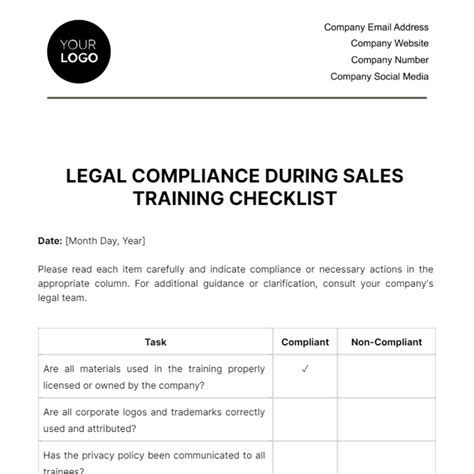 Free Legal Compliance During Sales Training Checklist Template To Edit
