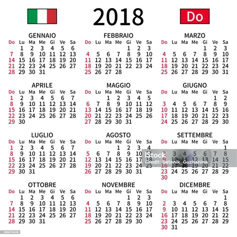 İtalyan Takvim 2018 Pazar Stok Vektör Sanatı And 2018‘nin Daha Fazla
