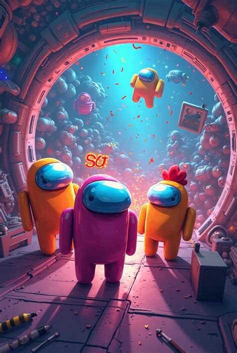 Cartoonish Among Us Crewmates And Impostors In A Chaotic Spaceship