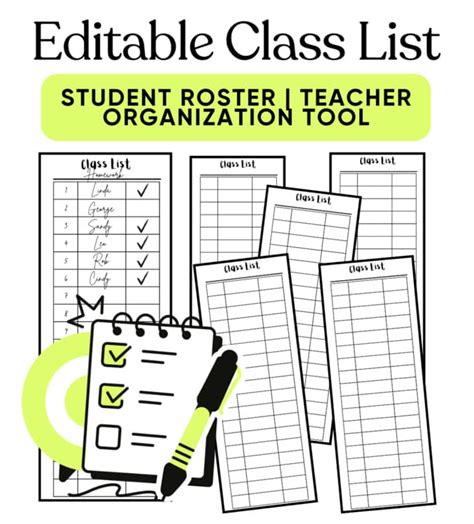 Editable Class List Template Student Roster Teacher Organization