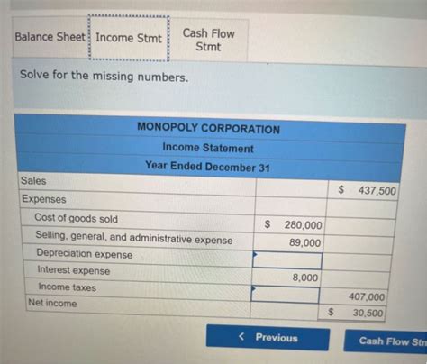 Balance Sheet Income Stmt Cash Flow Stmt Solve For The Missing Numbers