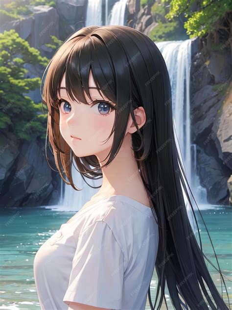 Premium Ai Image Beautiful Anime Girl Next To The Waterfall For