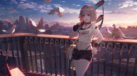 Pink Eyes Girl With Birds 4k 5k Hd Anime Girl Wallpapers Hd