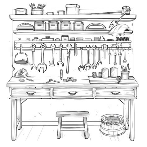 A Drawing Of A Workbench With Tools And A Bench Generative Ai Premium
