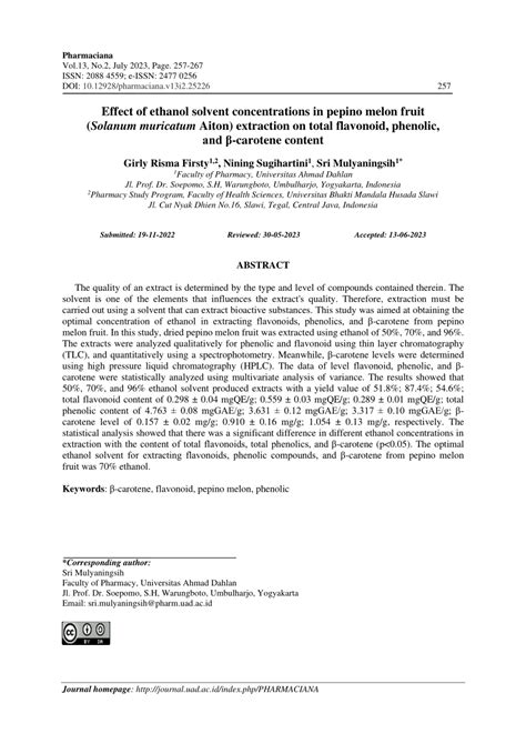 Pdf Effect Of Ethanol Solvent Concentrations In Pepino Melon Fruit