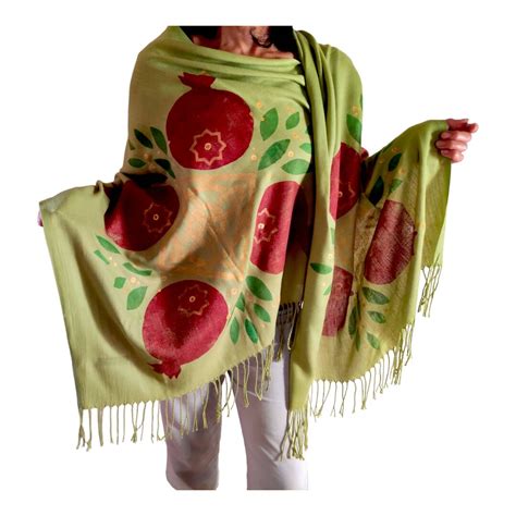 Armenian Traditionally Stamped Pomegranates Stylized Design On Cashmere