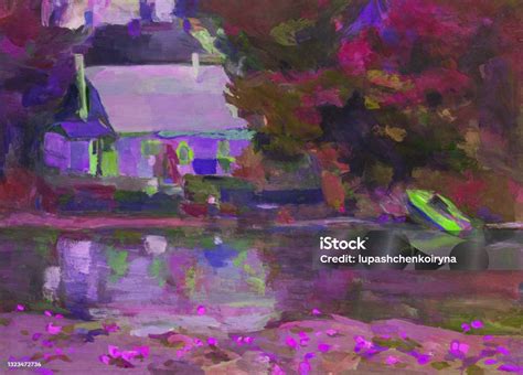 Ilustrasi Lukisan Minyak Lanskap Rumah Bata Perumahan Di Tepi Sungai Dengan Refleksi Di Air Dan