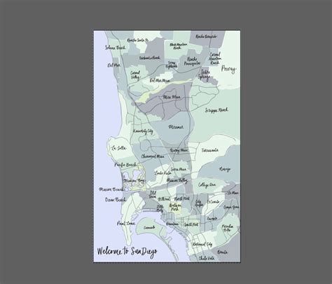 San Diego California Neighborhood Map Blues And Teals Printable