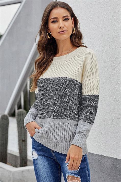 Cute Pullover Sweaters With Long Sleeve And Color Block Style