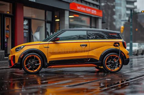 Electric Yellow Car Charging In City Rain Stock Illustration